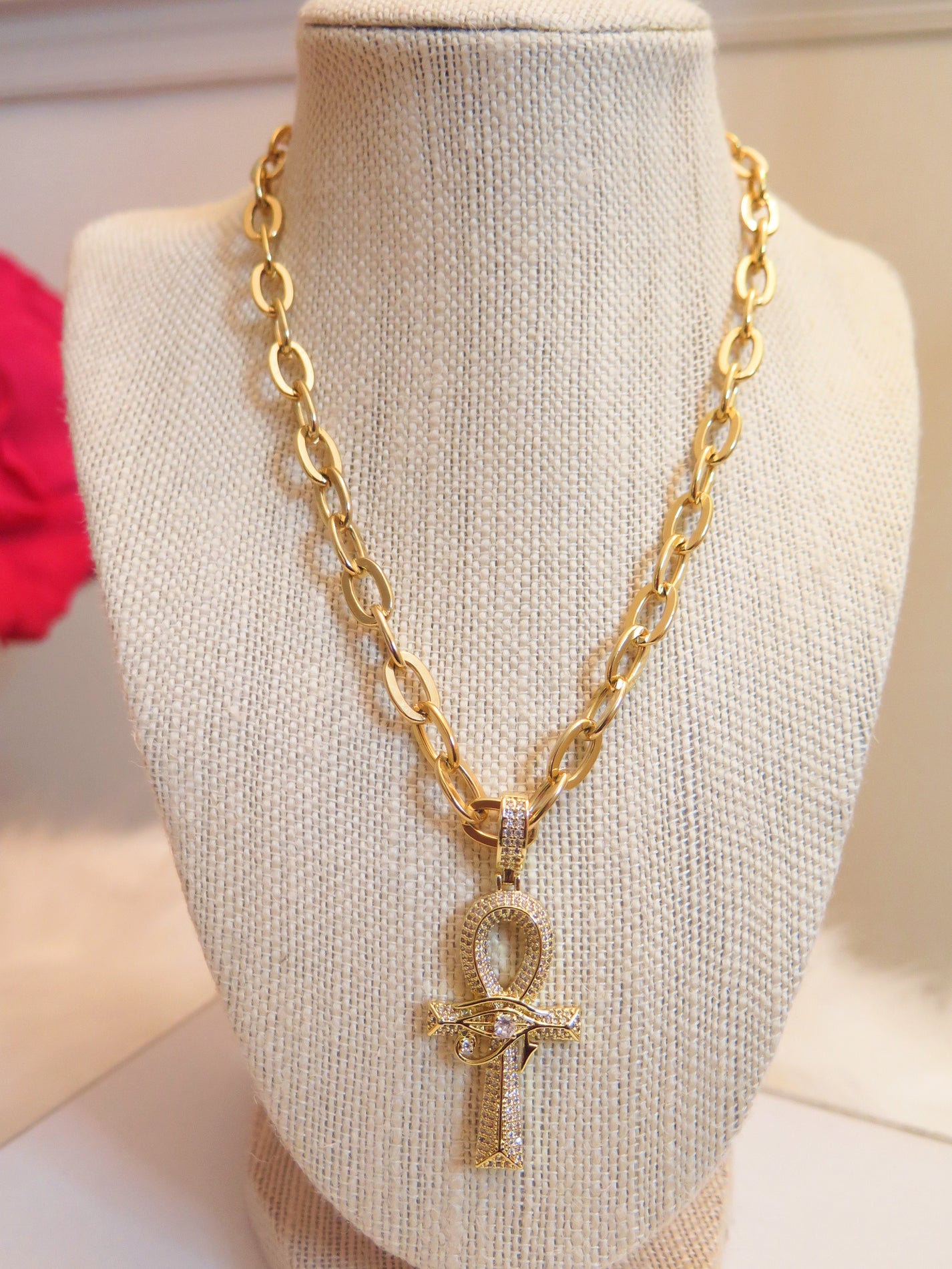 Ankh Gold Necklace/ Handmade Gold Necklace/ Sparkling Ankh Pendant Gol ...